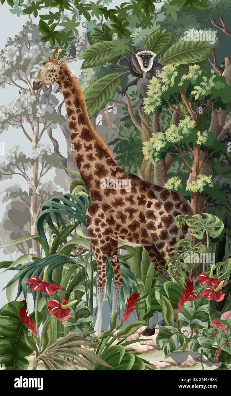 Jungle landscape with wild giraffe and monkey for kids. Vector Stock ...