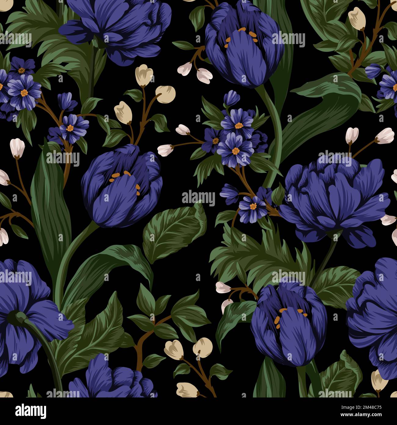 Seamless pattern with purple peonies and small flowers. Vector Stock ...