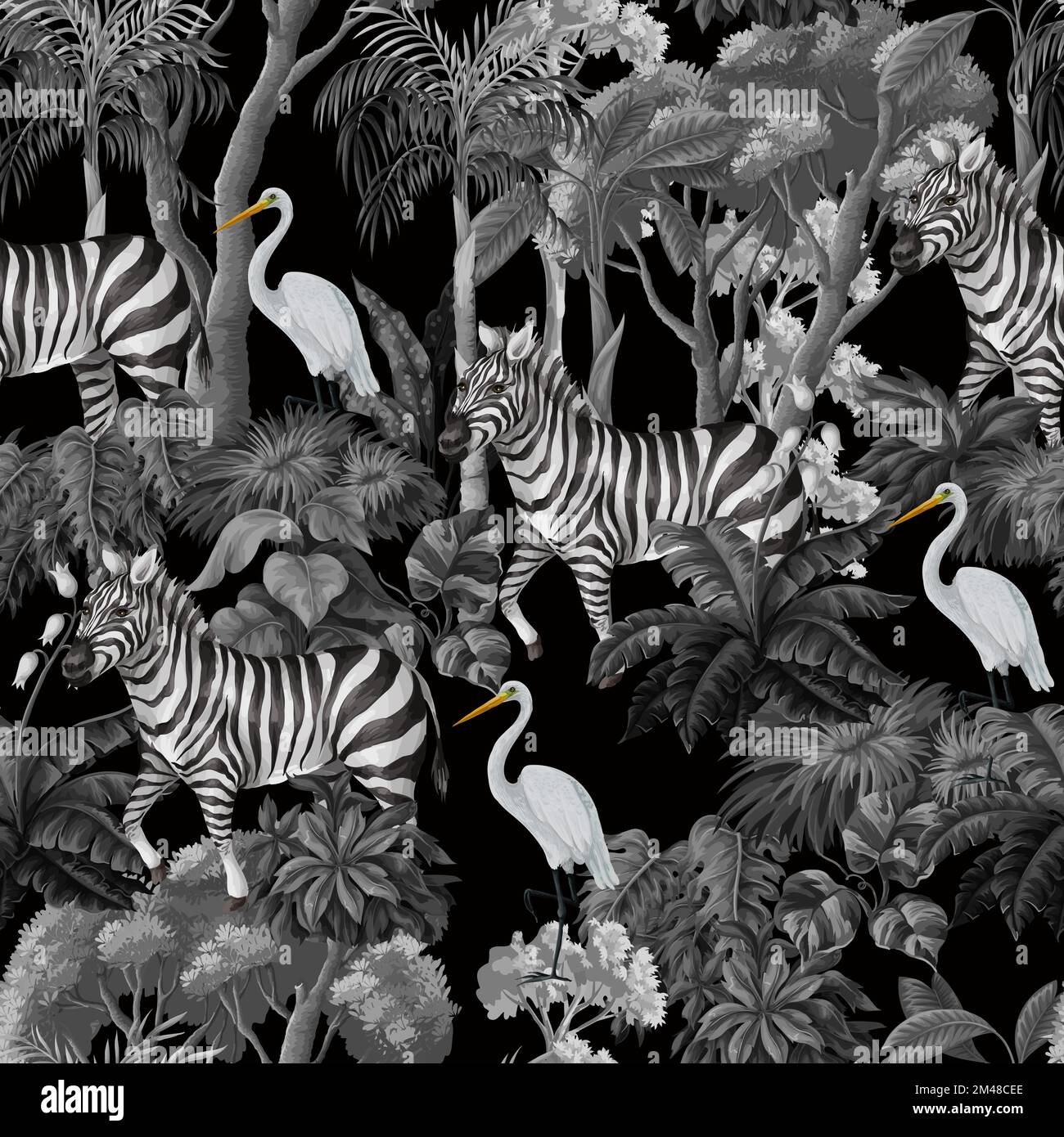 Seamless pattern with zebra, heron and jungle trees. Vector Stock ...