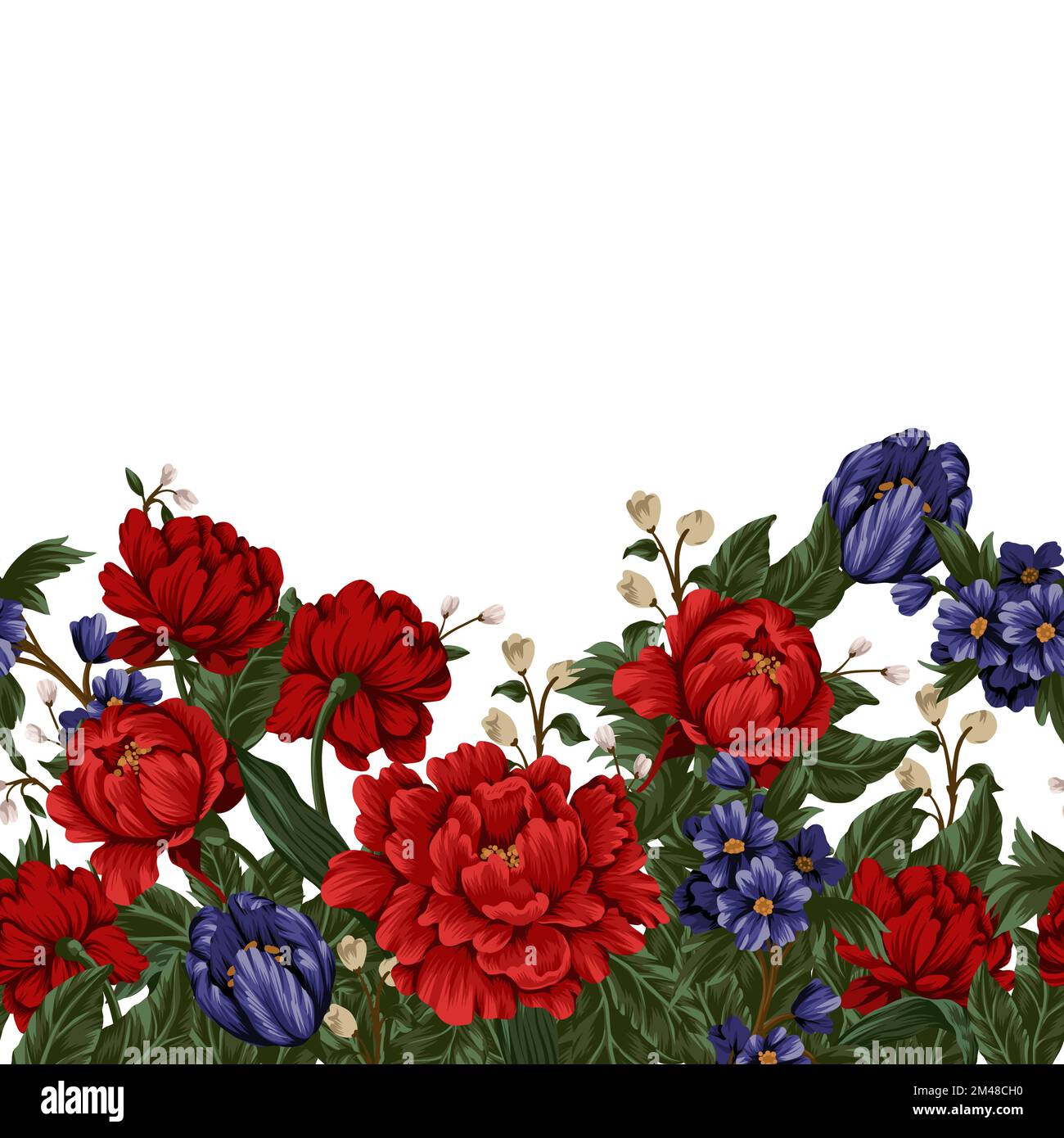 Border with red peonies and small flowers. Vector Stock Vector Image ...