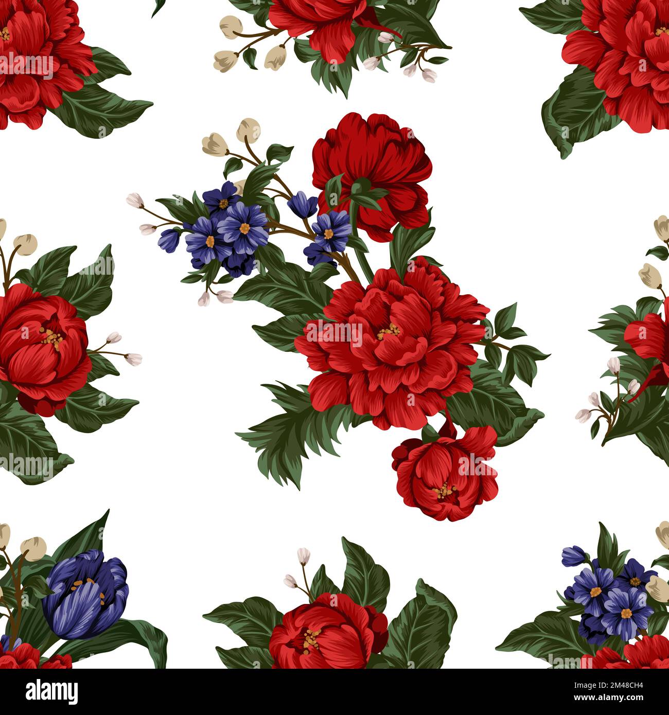 Seamless pattern with red peonies and small flowers. Vector Stock ...