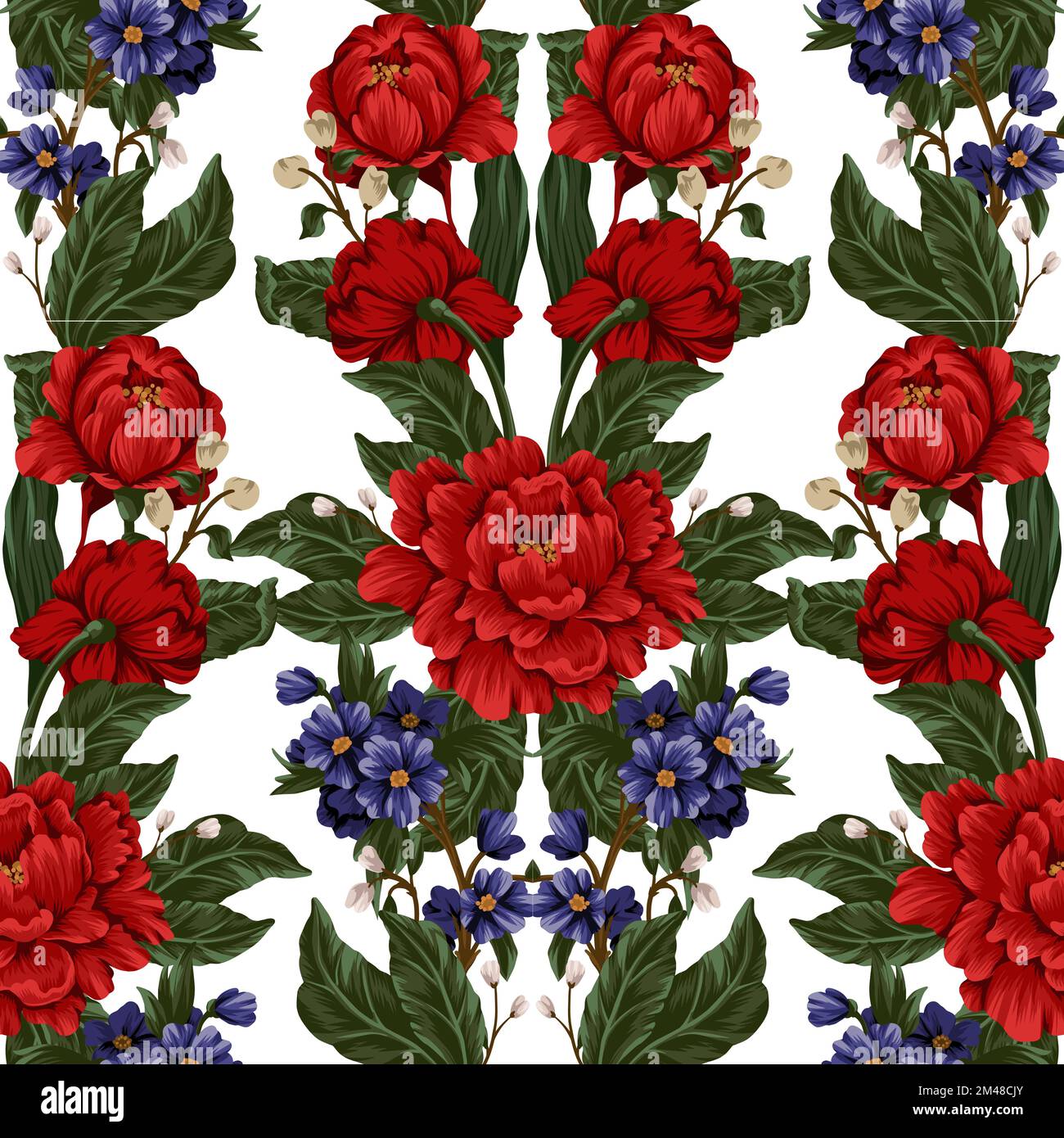 Seamless pattern with red peonies and small flowers. Vector Stock ...