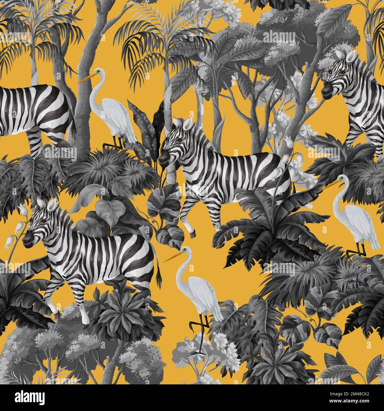 Seamless pattern with zebra, heron and jungle trees. Vector Stock ...