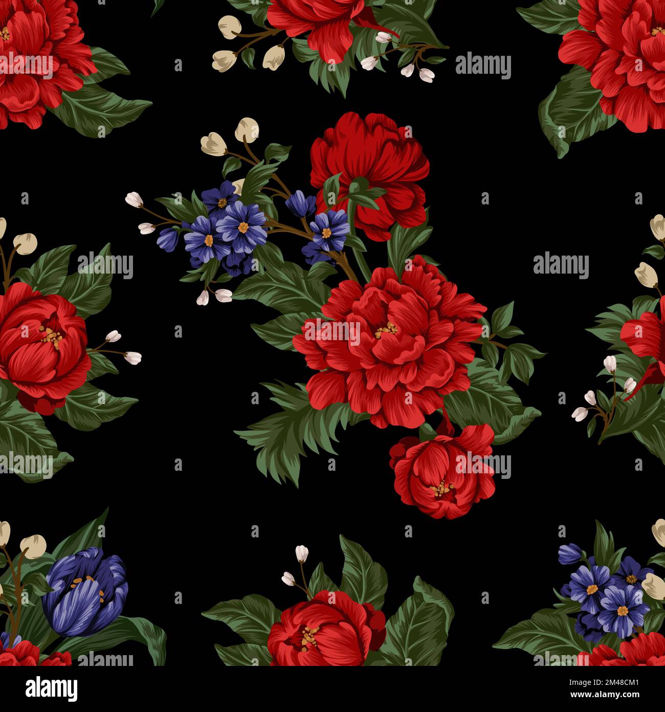 Seamless pattern with red peonies and small flowers. Vector Stock ...