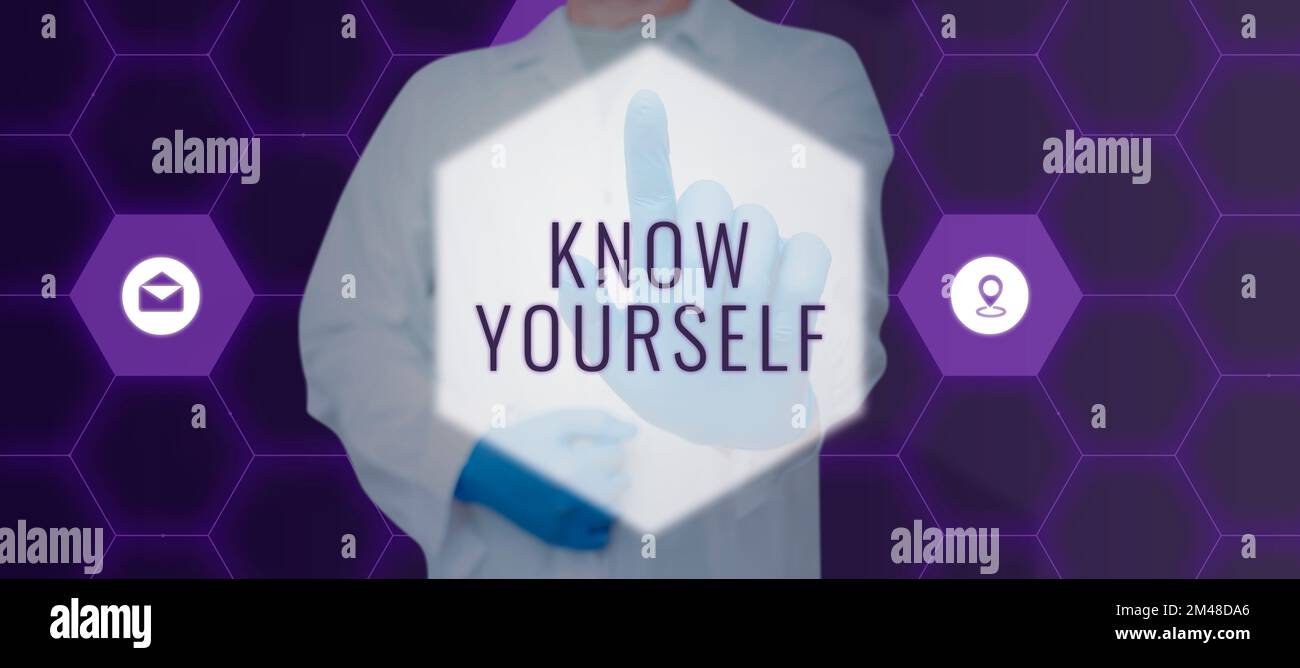 Sign displaying Know Yourself. Concept meaning Find You Understanding ...