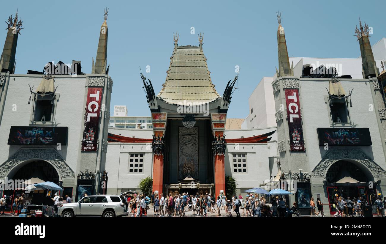 The exterior of the Chinese Theater on Hollywood Boulevard with blie ...