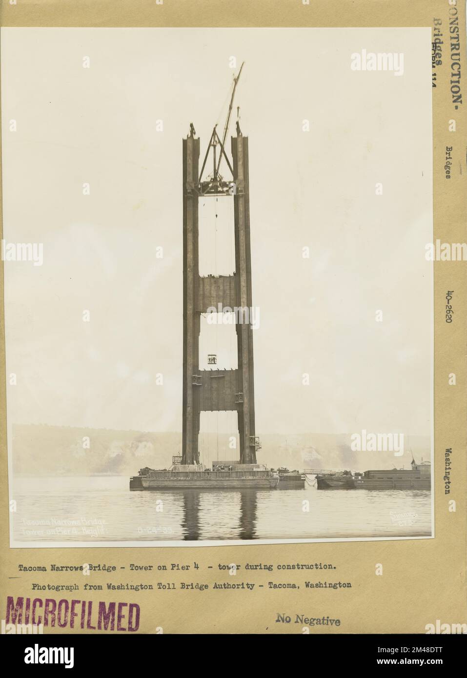 Tacoma Narrows Bridge Tower on Pier 4. Original caption: Tacoma Narrows ...