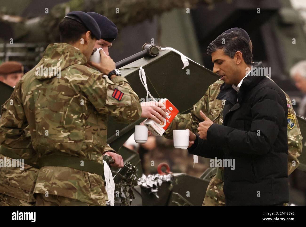 Prime Minister Rishi Sunak has a cup of tea with troops at the Tapa ...