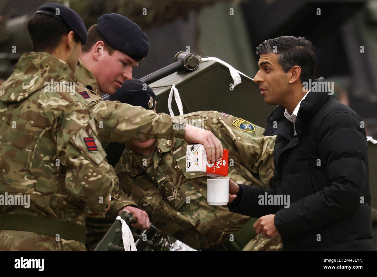 Prime Minister Rishi Sunak has a cup of tea with troops at the Tapa ...