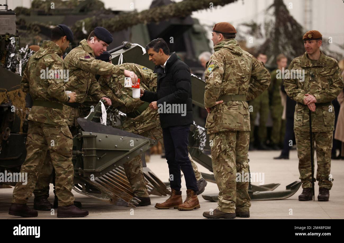 Prime Minister Rishi Sunak has a cup of tea with troops at the Tapa ...