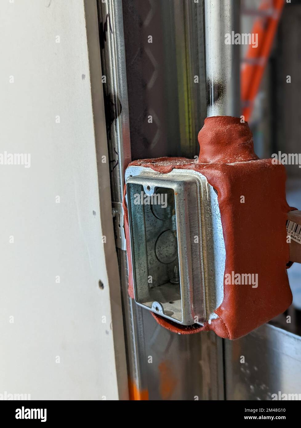 A vertical shot of an electrical component box and pipe connection fire ...