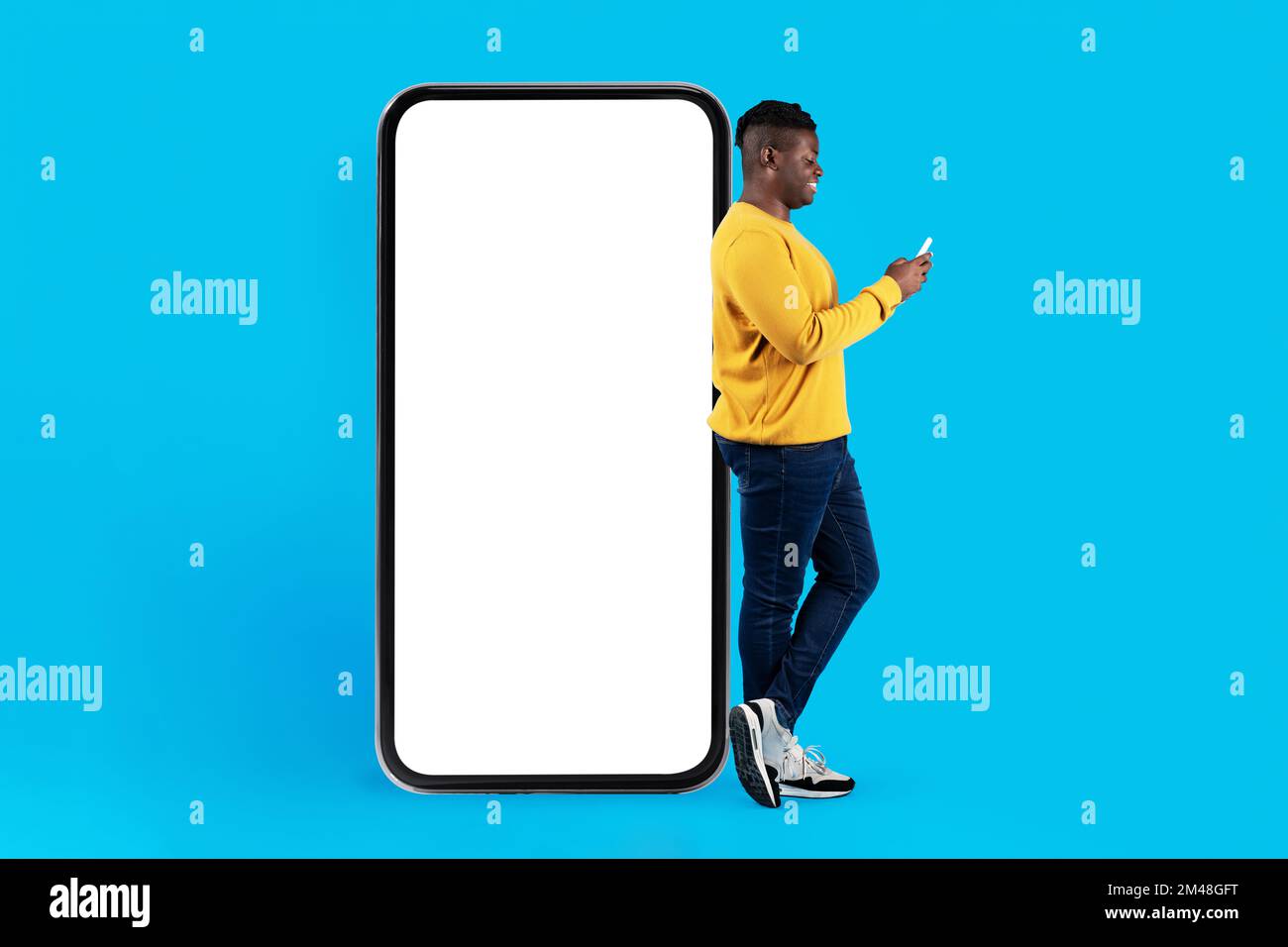 Mobile Mockup. Young Blank Man With Smartphone Standing Near Big Blank ...