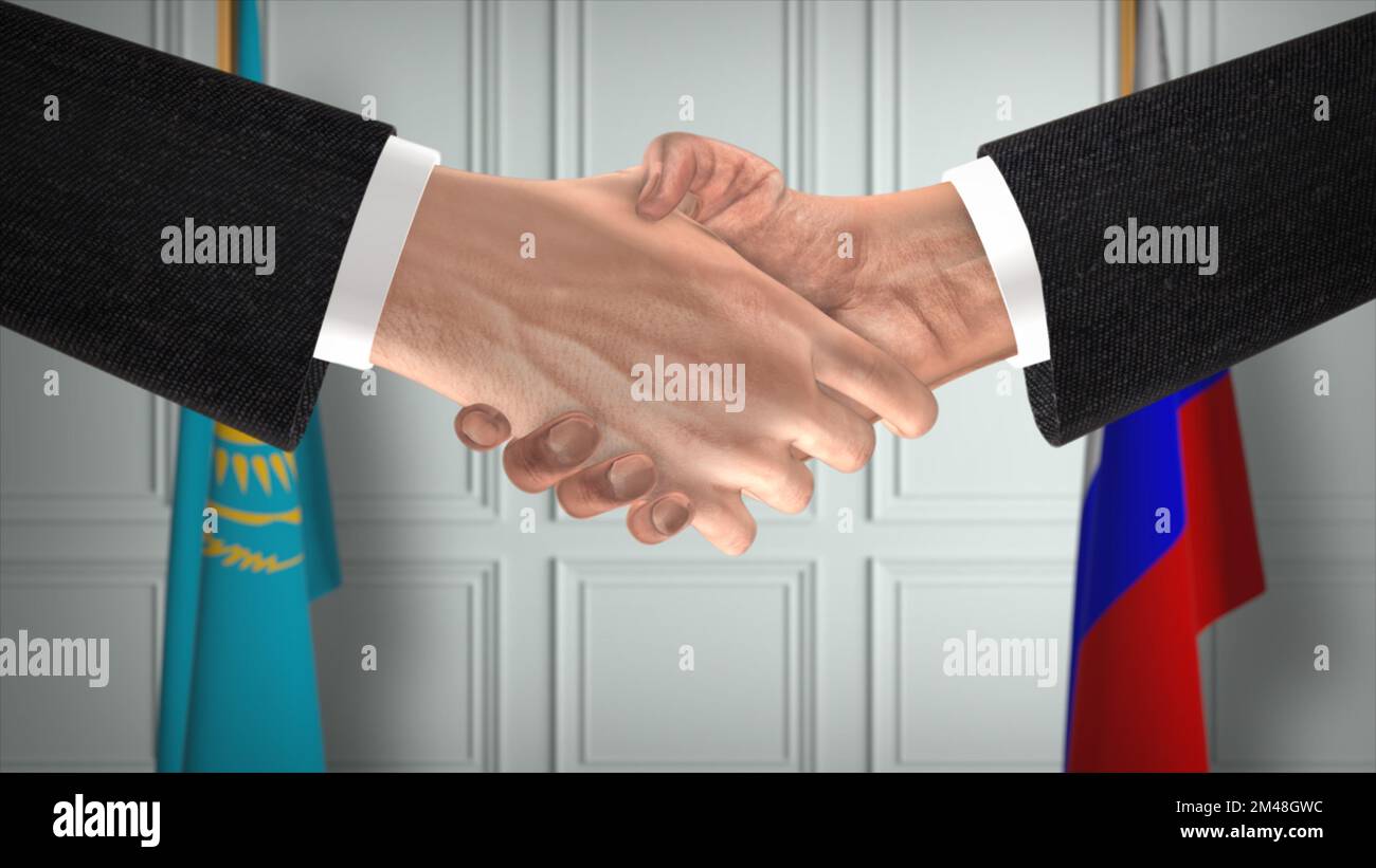 Kazakhstan and Russia deal handshake, politics 3D illustration ...