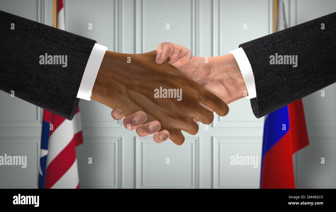 Liberia and Russia deal handshake, politics 3D illustration. Official ...