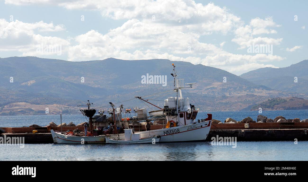 Fully equipped Greek fishing boat Molyvos harbour. Lesbos, Taken ...