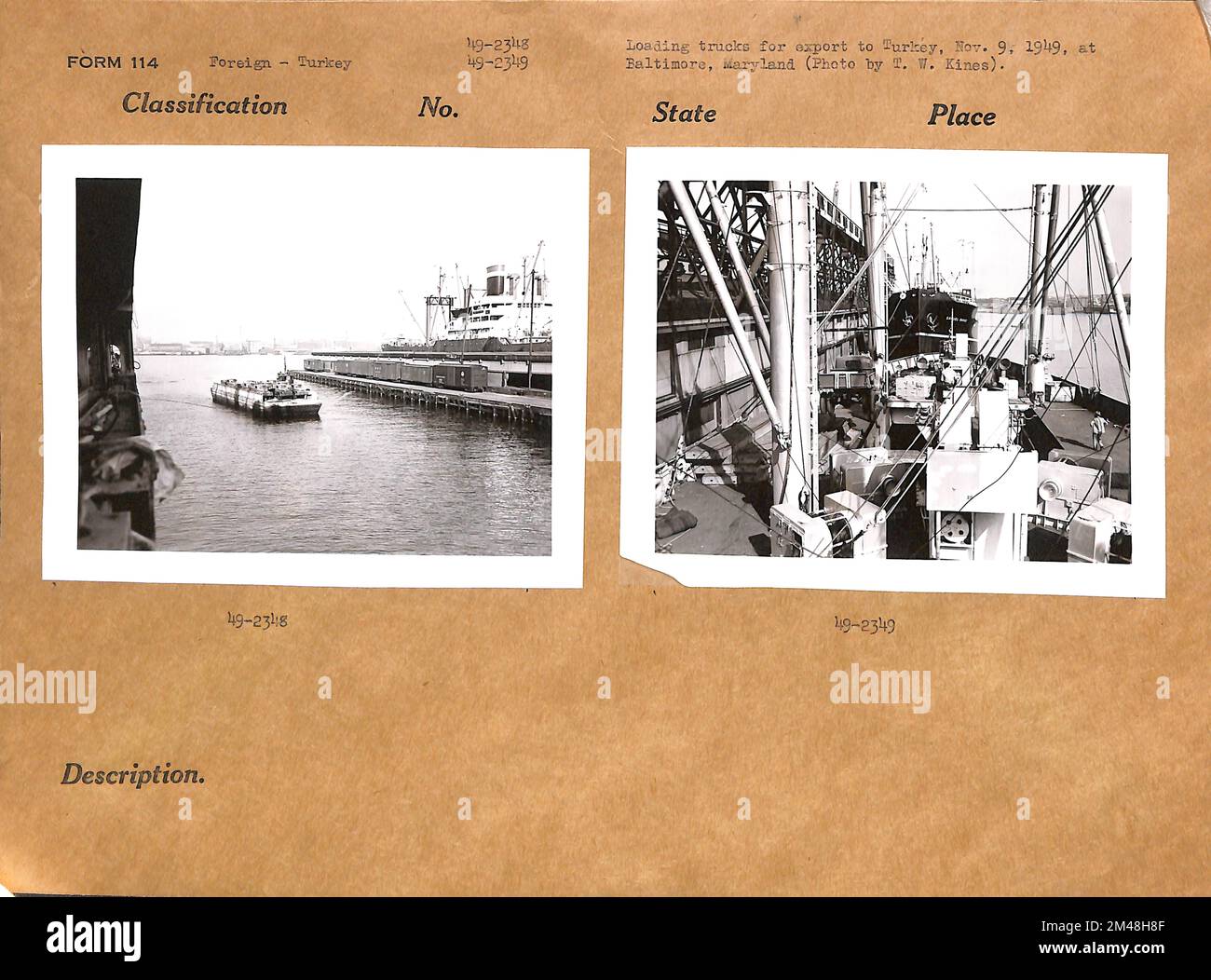 Loading trucks bound for Turkey in Baltimore. Original caption: Loading ...