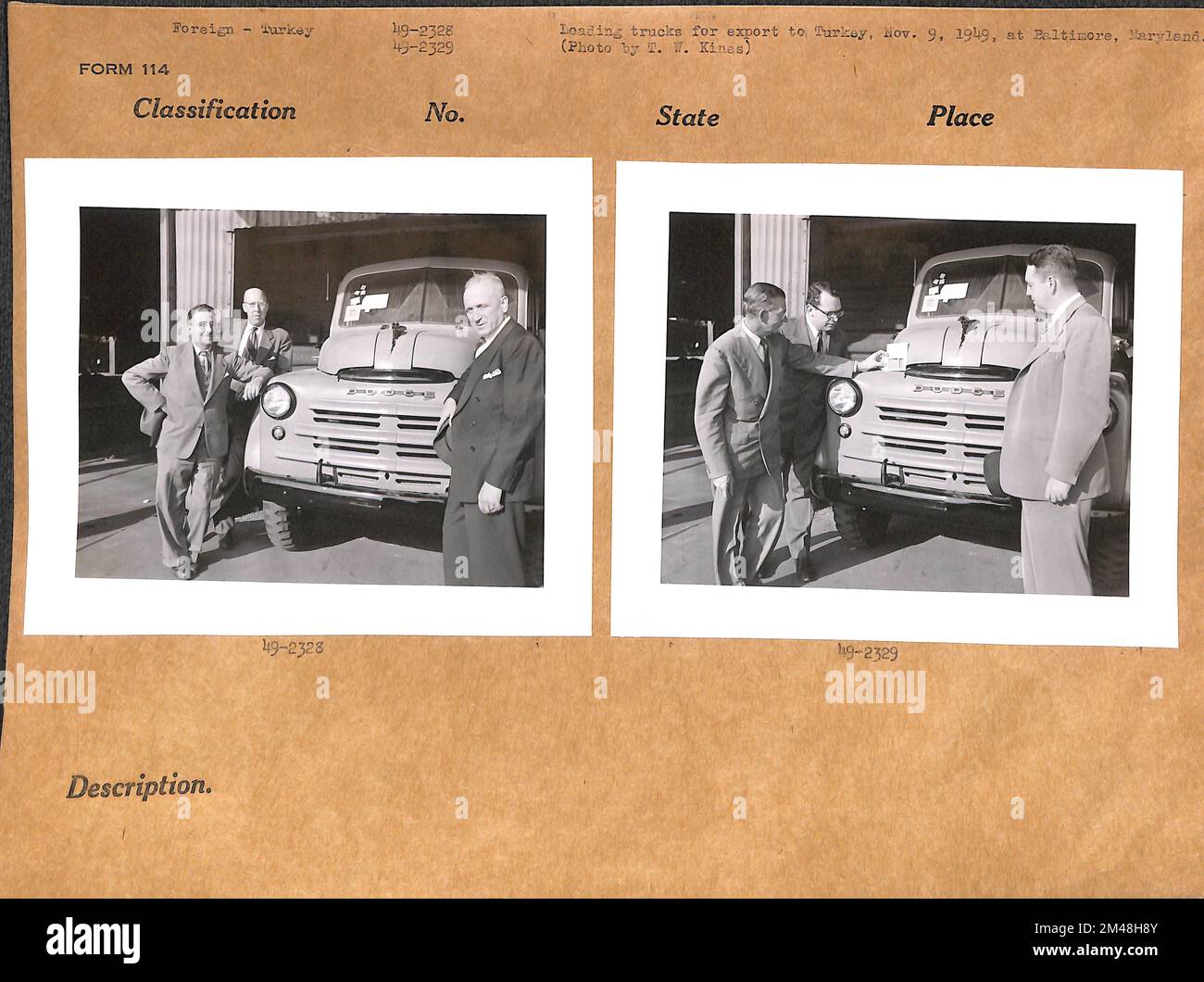 Loading trucks bound for Turkey in Baltimore. Original caption: Loading ...