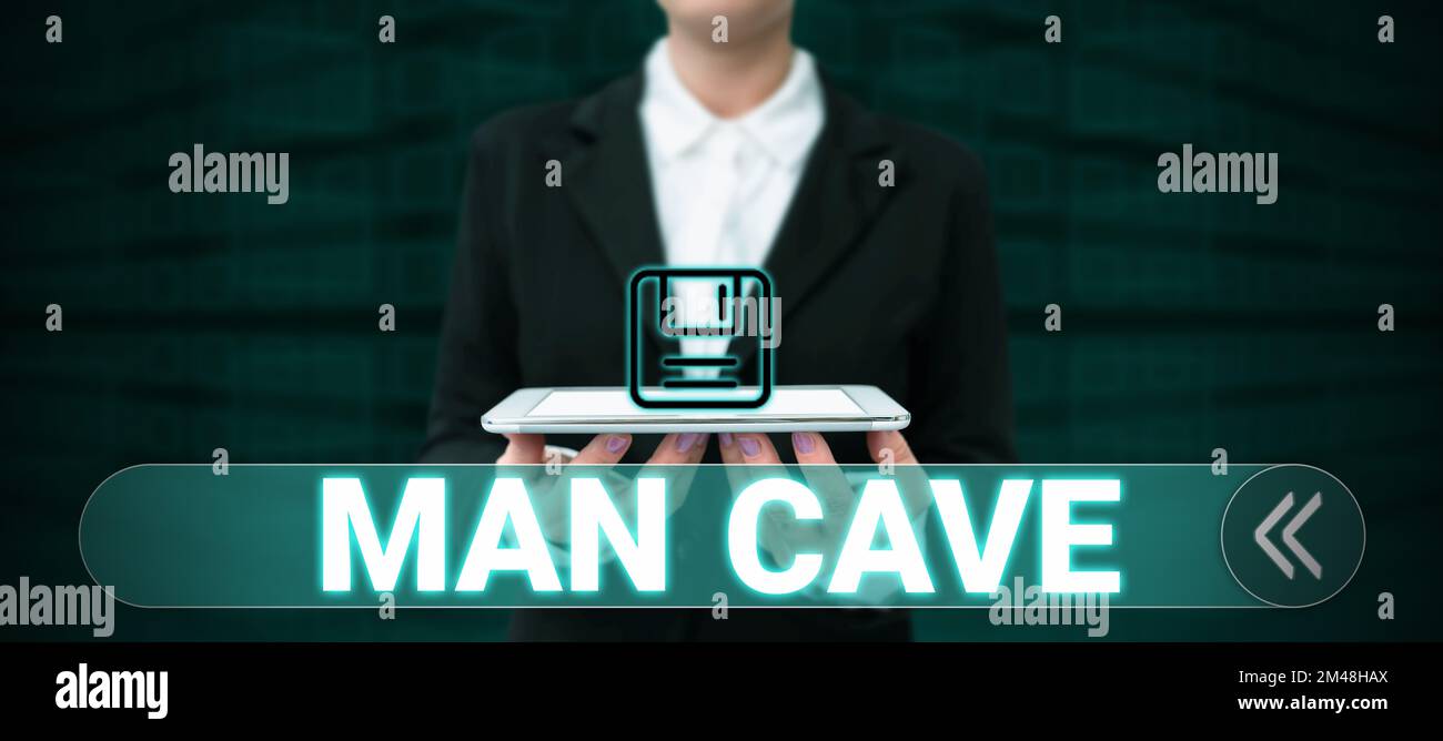 Text caption presenting Man Cave. Concept meaning a room, space or area ...