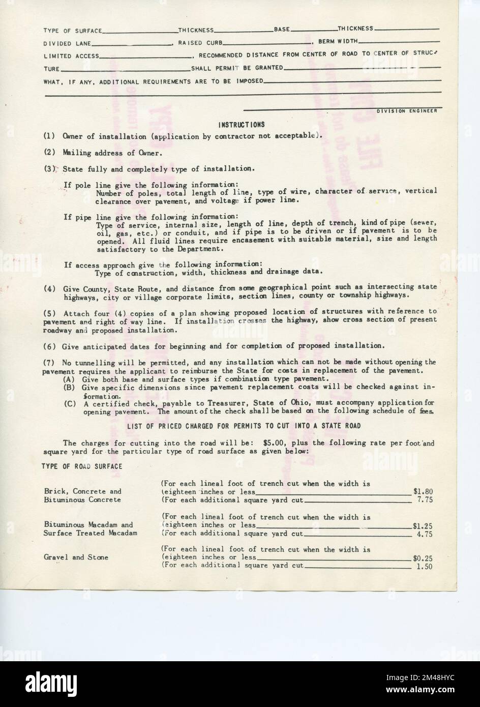 State of Ohio, Department of Highways: Application For Permit. Original ...