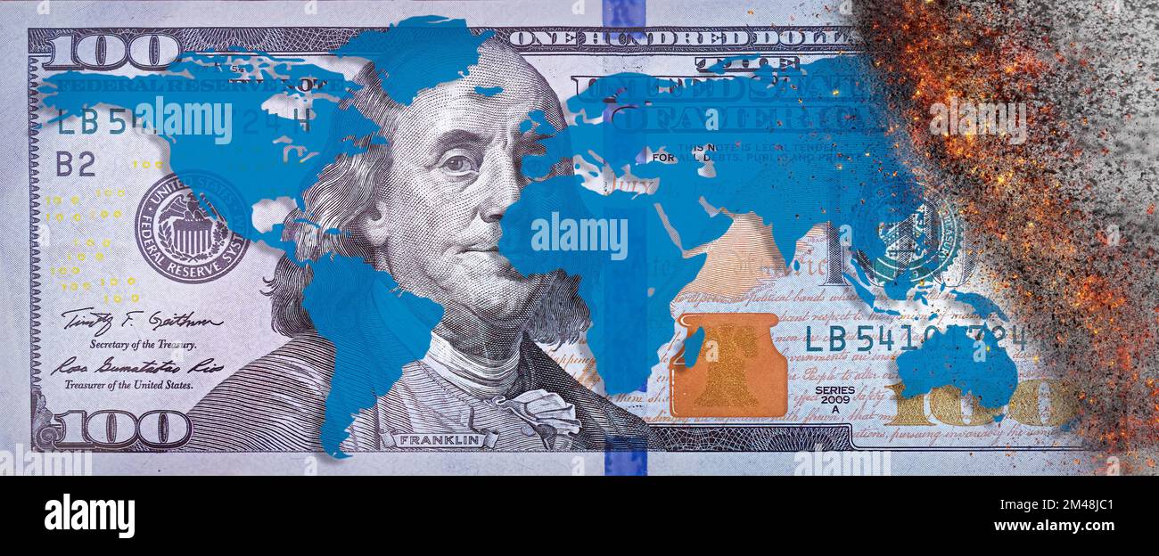 Burning one hundred dollar bill. Washington. World Map. US financial ...