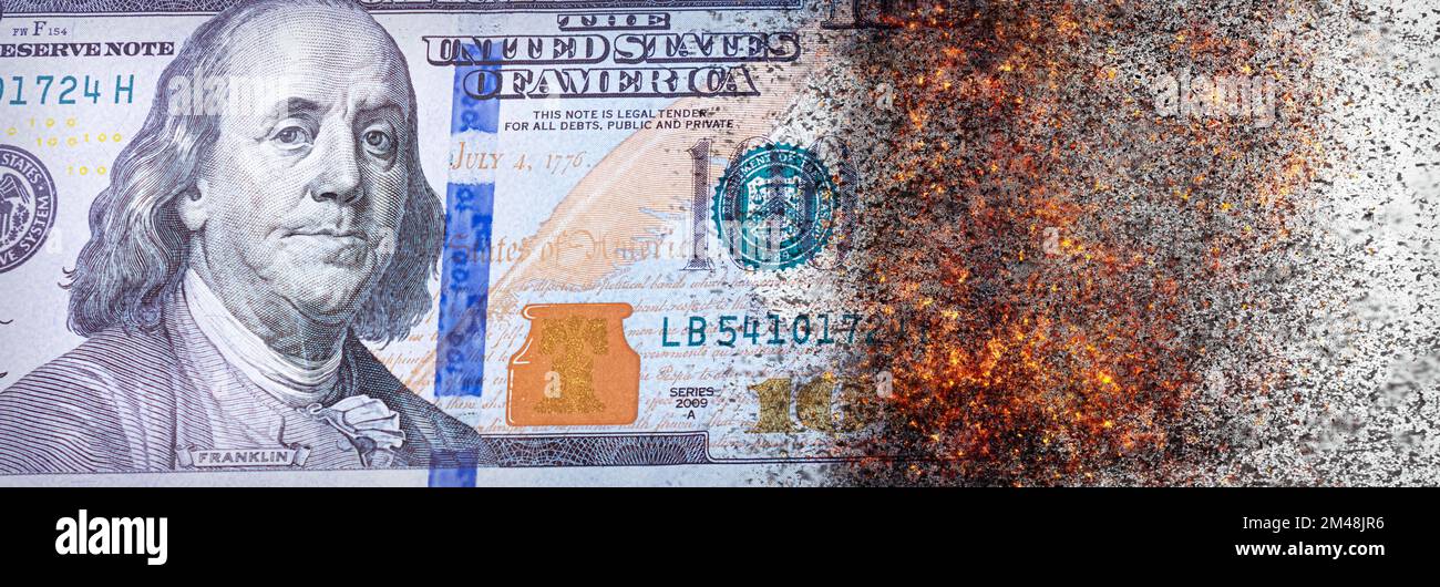 Burning one hundred dollar bill. US financial crisis, lockdown and ...