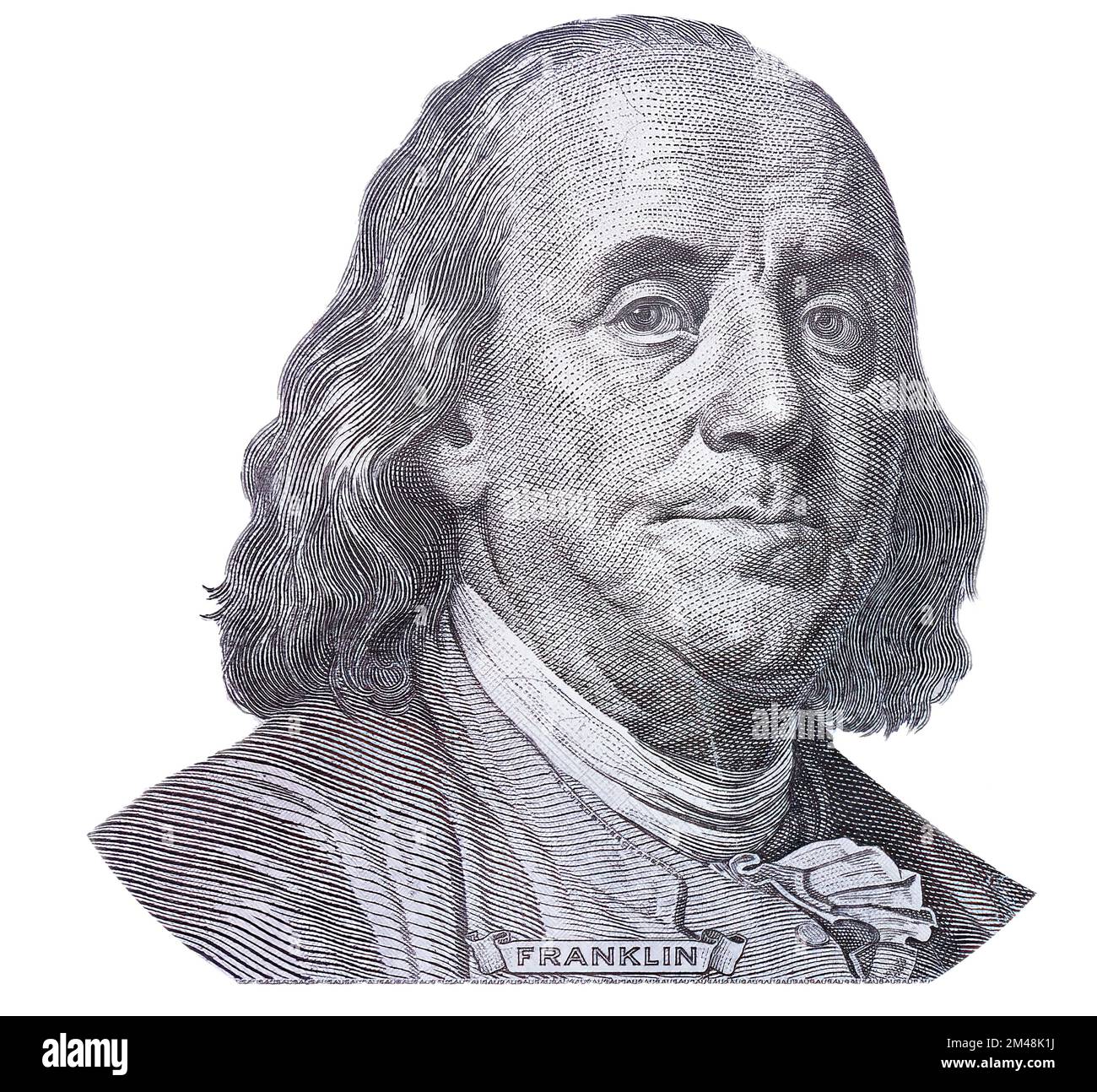 Benjamin Franklin face on us one hundred dollar bill macro isolated ...