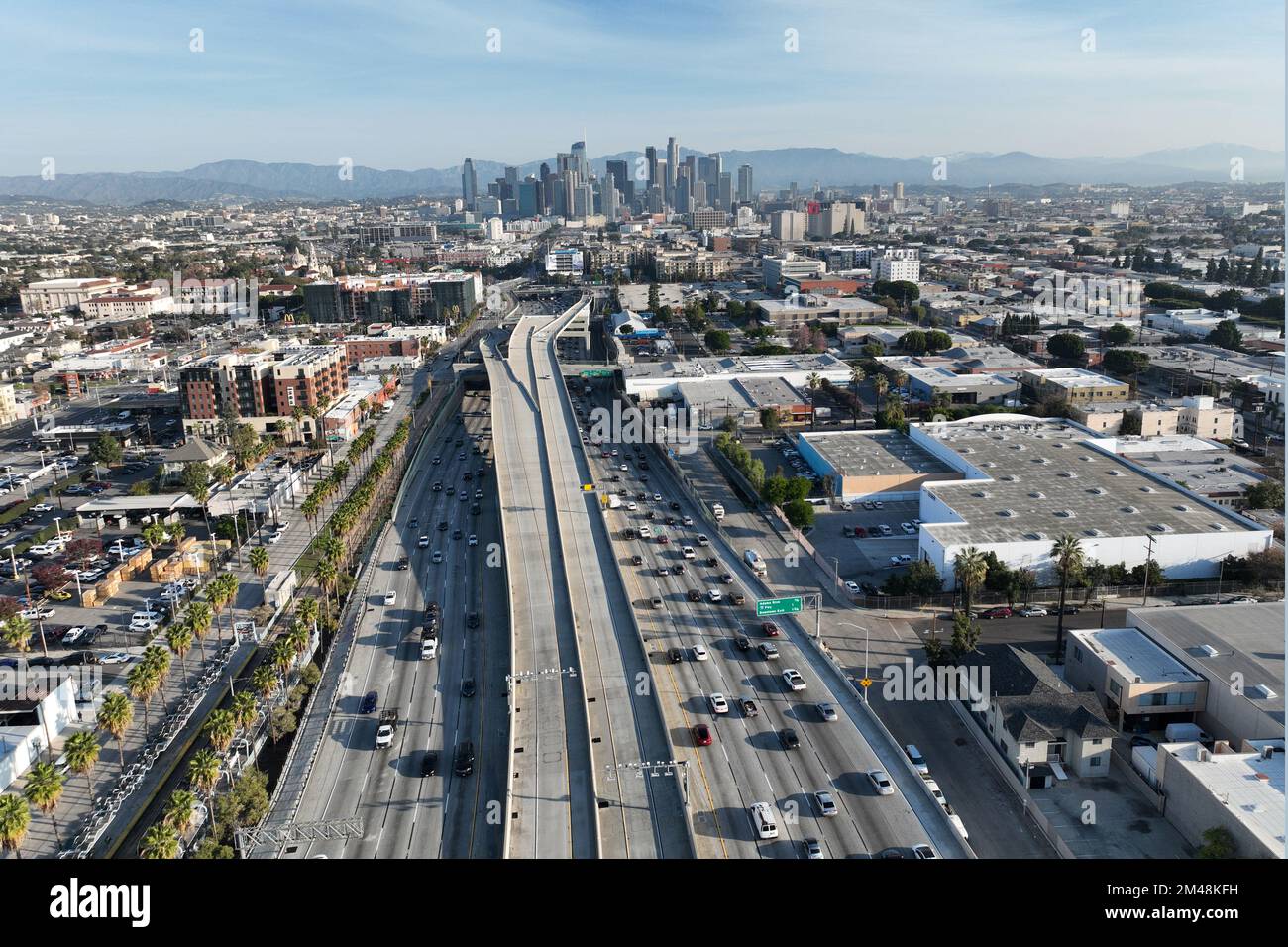 A general overall aerial view of morning rush hour traffic on the 110 ...
