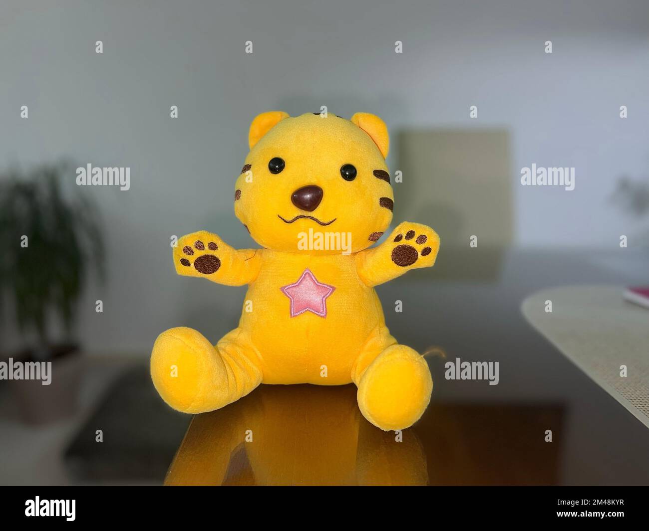 A cute yellow bear plush toy, stuffed animal isolated on a blurred ...
