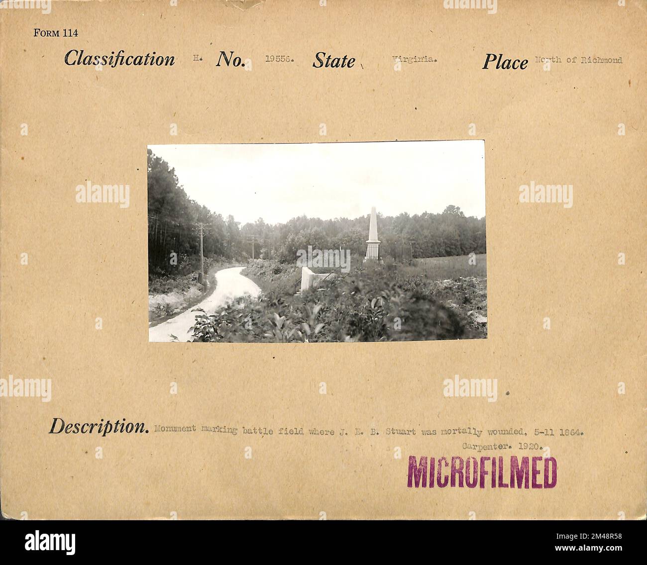 Monument Marking Battlefield Where J. E. B. Stuart Was Mortally Wounded ...