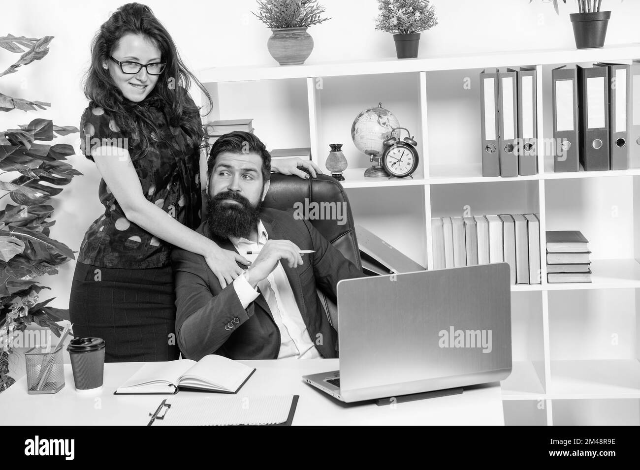 Flirting with special one. Woman touching man colleague. Flirting at ...