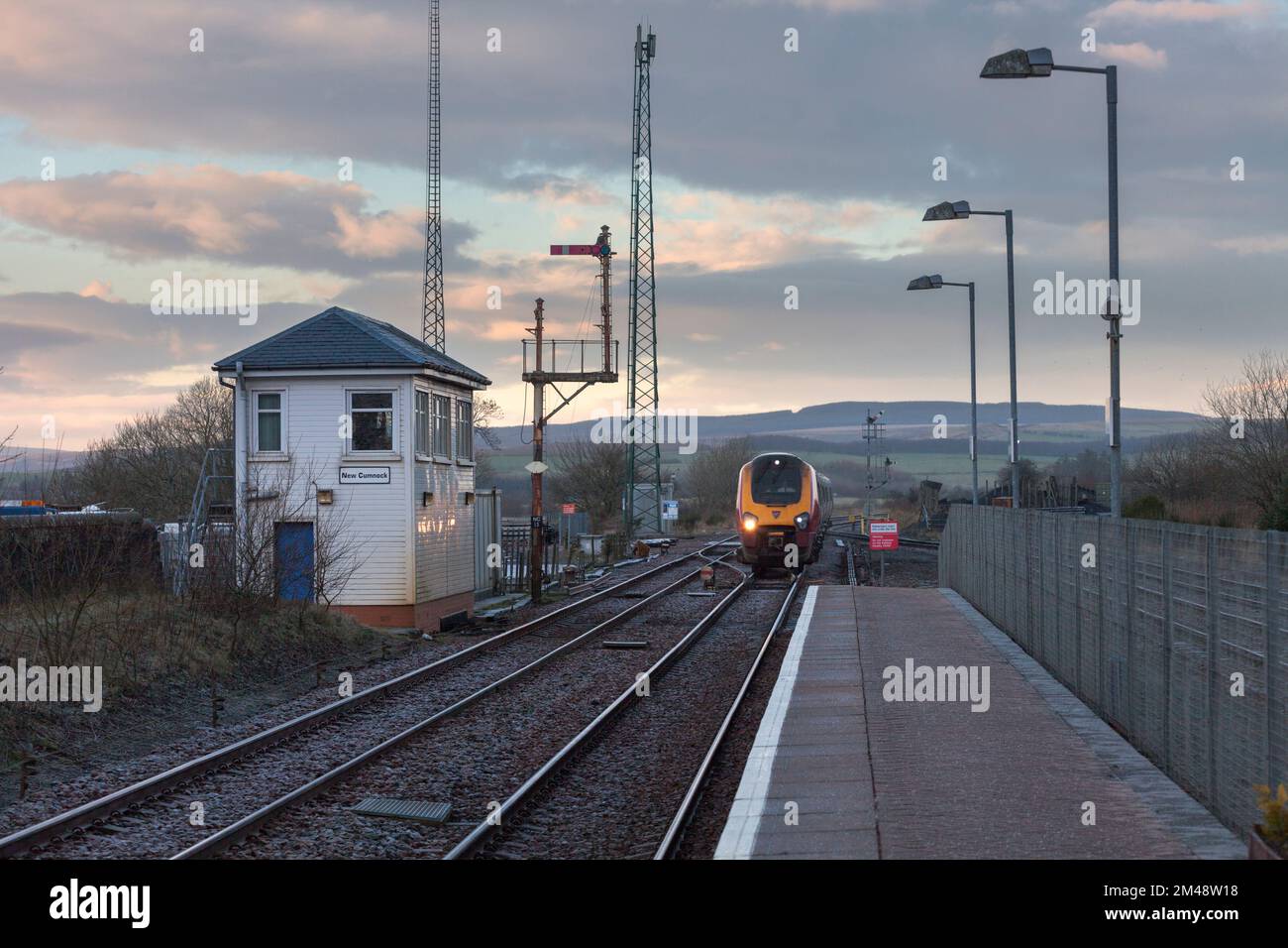 Virgin Trains Class 221 Voyager Train Passing New Cumnock Signal Box And Station In Rural 