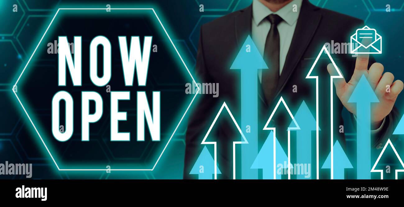 Text caption presenting Now Open. Business idea leave door or windows ...