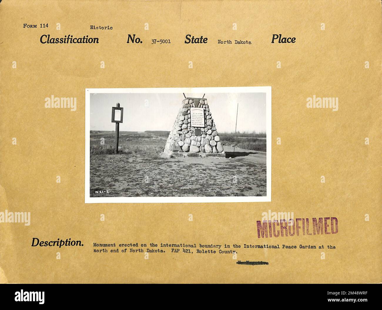 Monument Erected in the International Peace Garden, North Dakota. Original caption: Monument ...