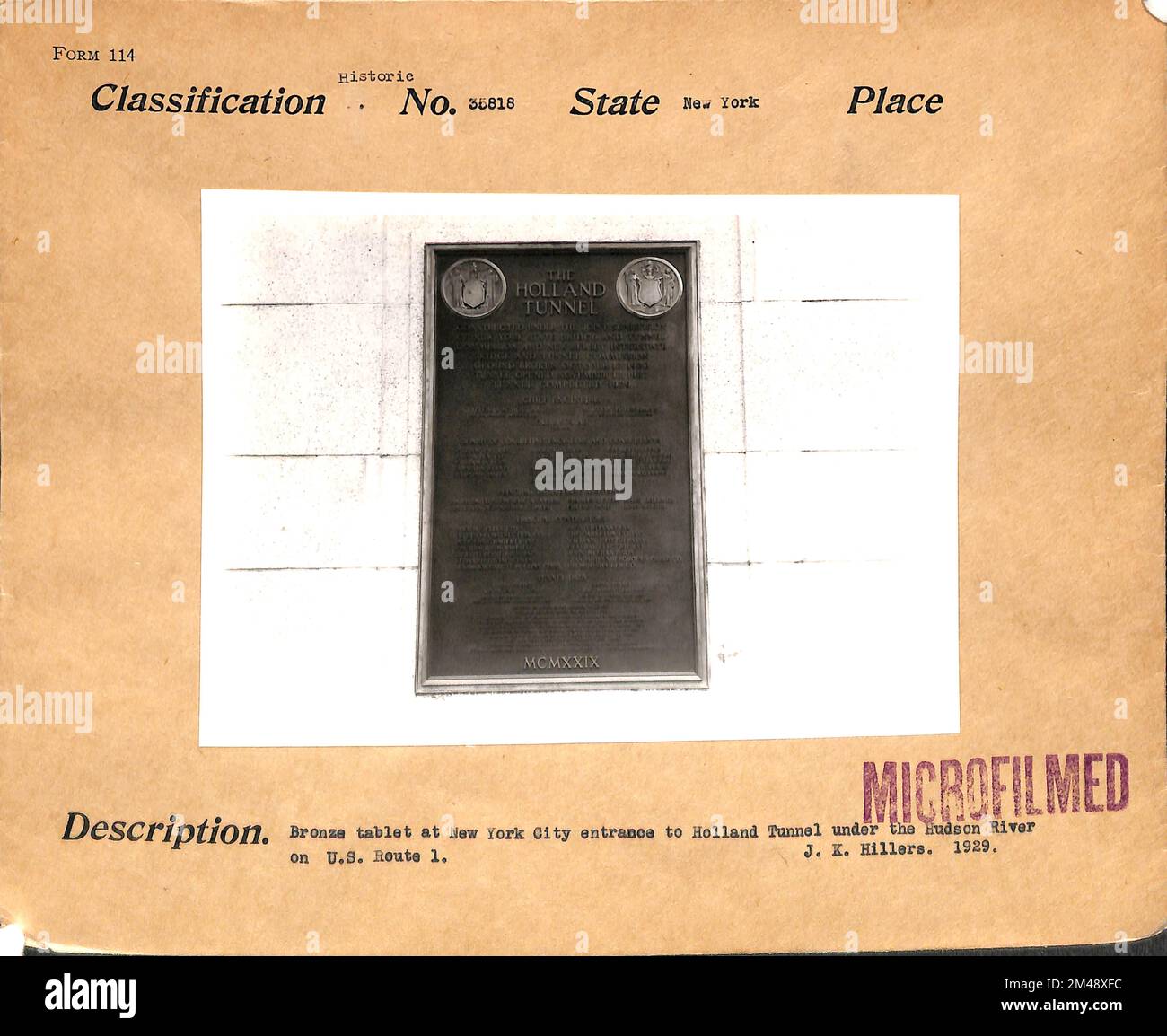 Bronze Tablet at New York City Entrance to the Holland Tunnel. Original ...