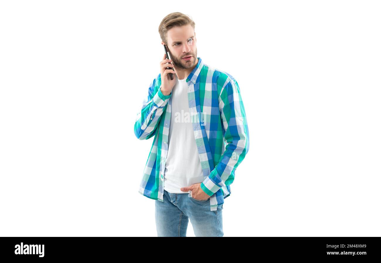 young man has phone call isolated on white background. casual man ...