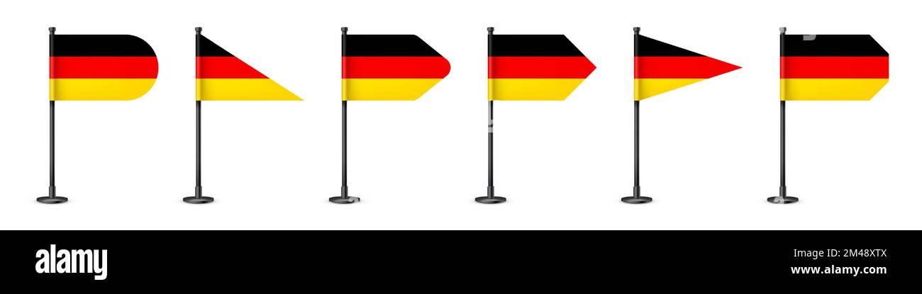 Realistic various German table flags on a black steel pole. Souvenir ...