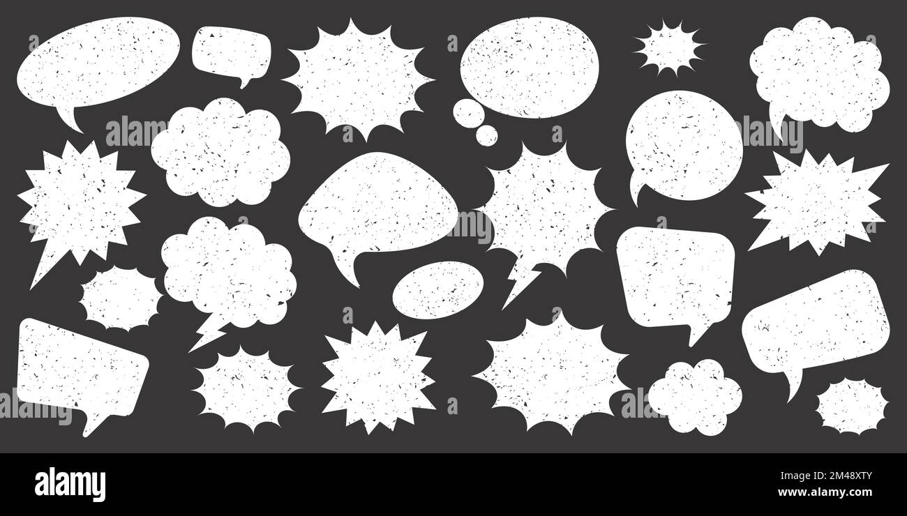 White grunge comic speech bubbles on dark background. Hand drawn retro ...
