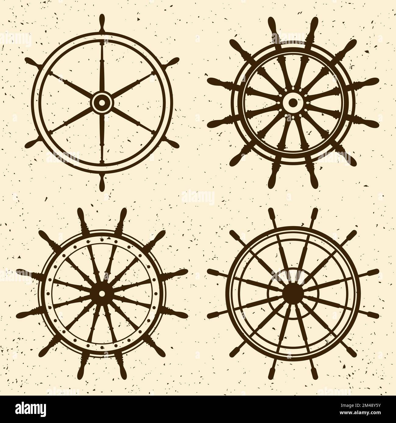 Collection of grunge vintage steering wheels. Ship, yacht retro wheel ...