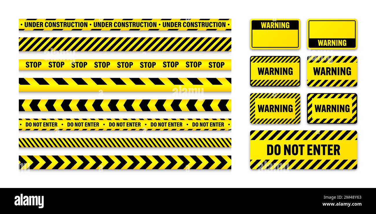 Various barricade construction tapes and warning shields. Yellow police ...