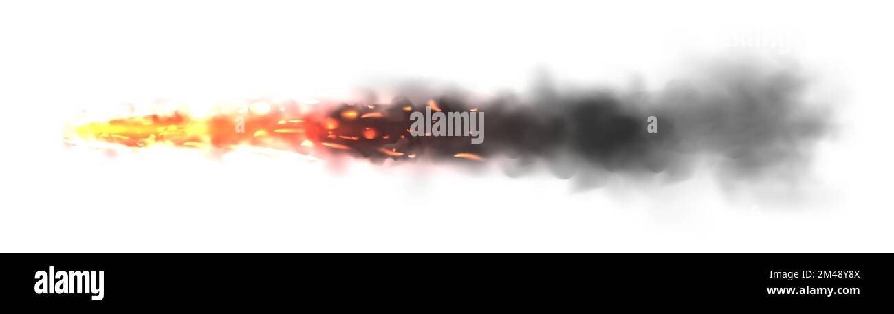 Realistic black smoke with fire, space rocket launch trail. Fire burst ...