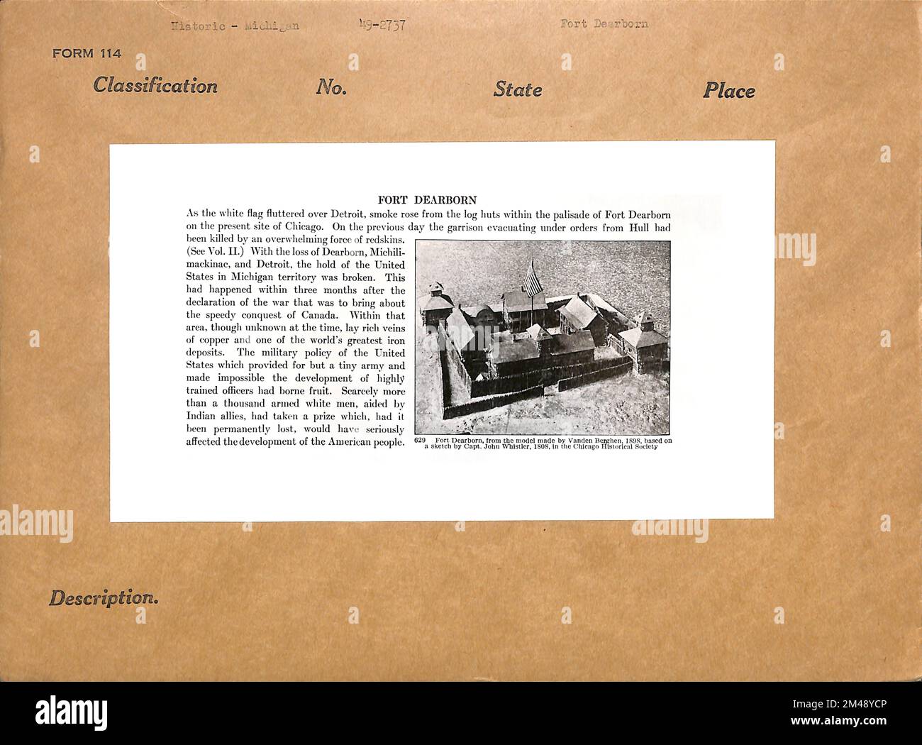 Fort Dearborn. Original caption: Fort Dearborn, from the model made by ...