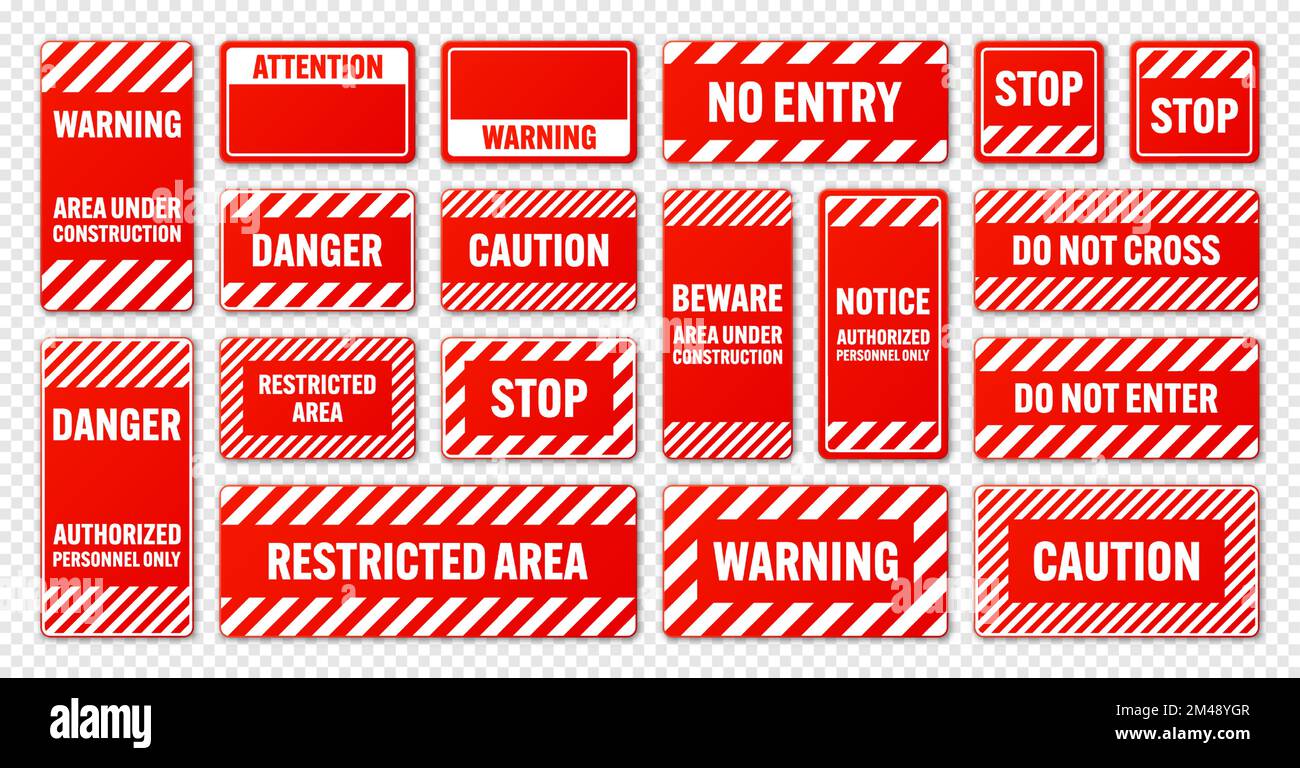 Various white and red warning signs with diagonal lines. Attention ...