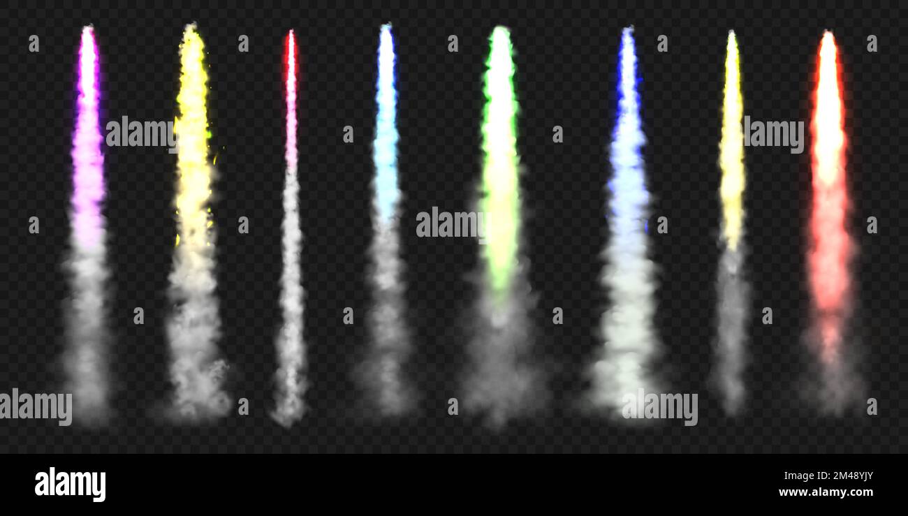 Realistic colorful space rocket trails. Festive fireworks launch. Fire ...