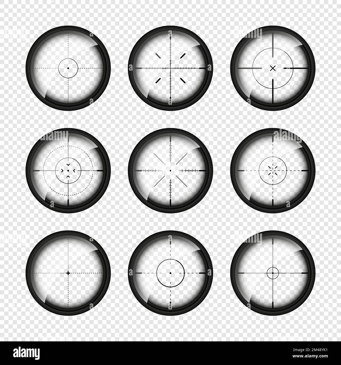 Various weapon sights, sniper rifle optical scopes. Hunting gun ...