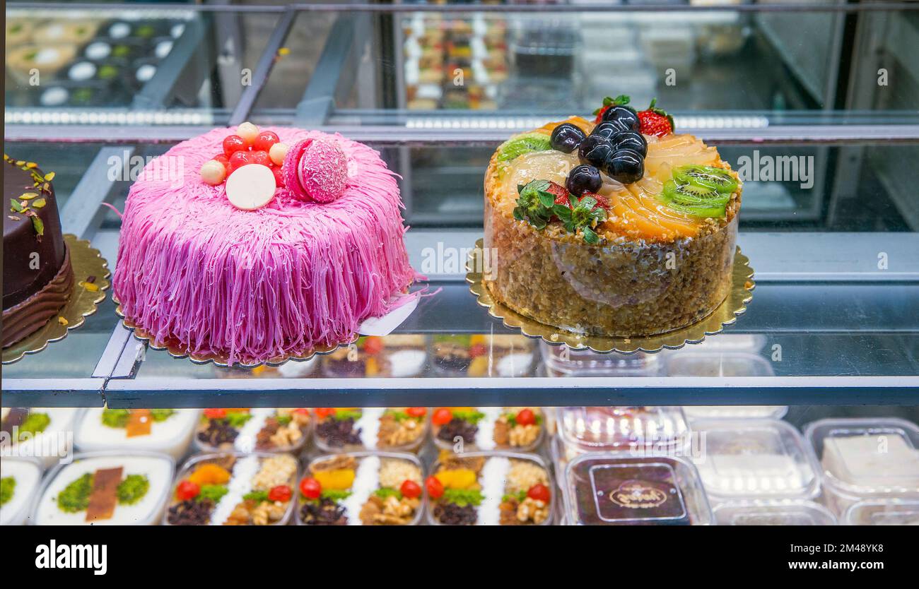 Turkish cakes with fruits in Istiklal pedestrian street in Istanbul ...