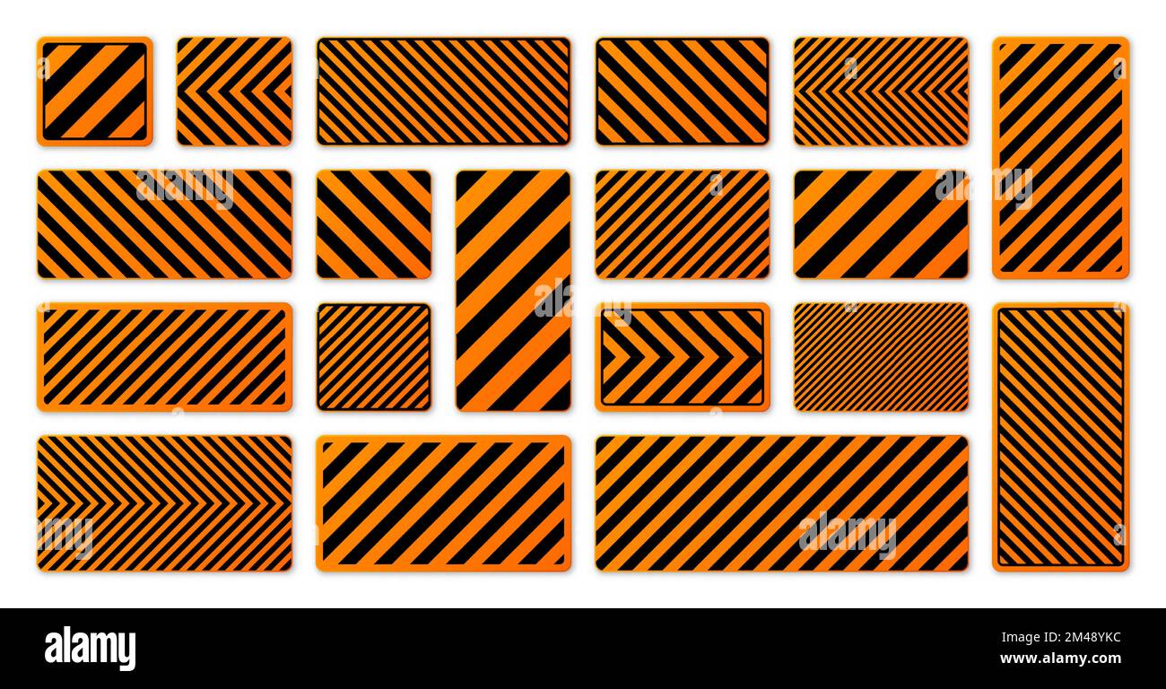 Various black and orange warning signs with diagonal lines. Attention ...