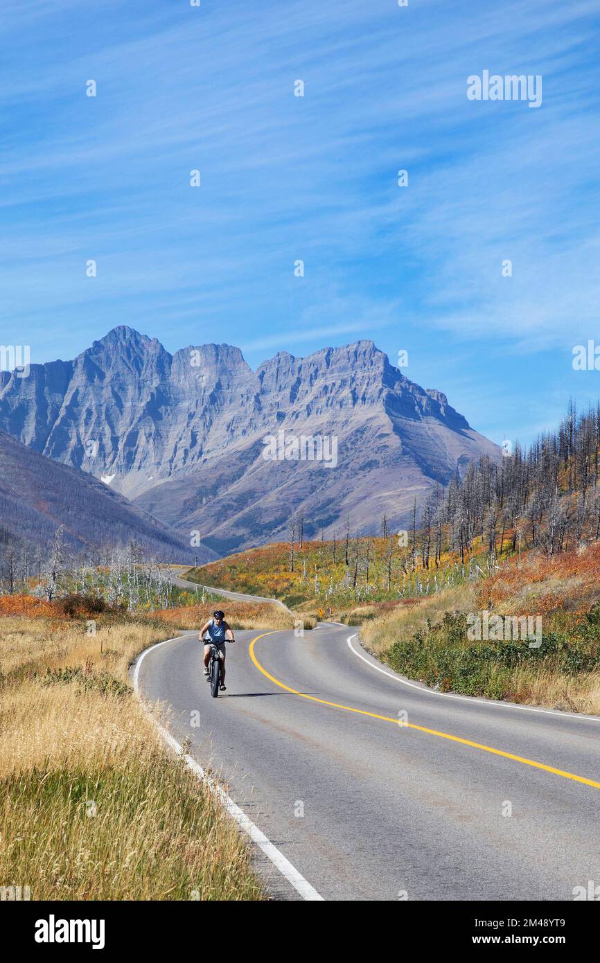 Cyclist riding mountain bike along uncrowded road in the Canadian Rocky Mountains. Waterton ...