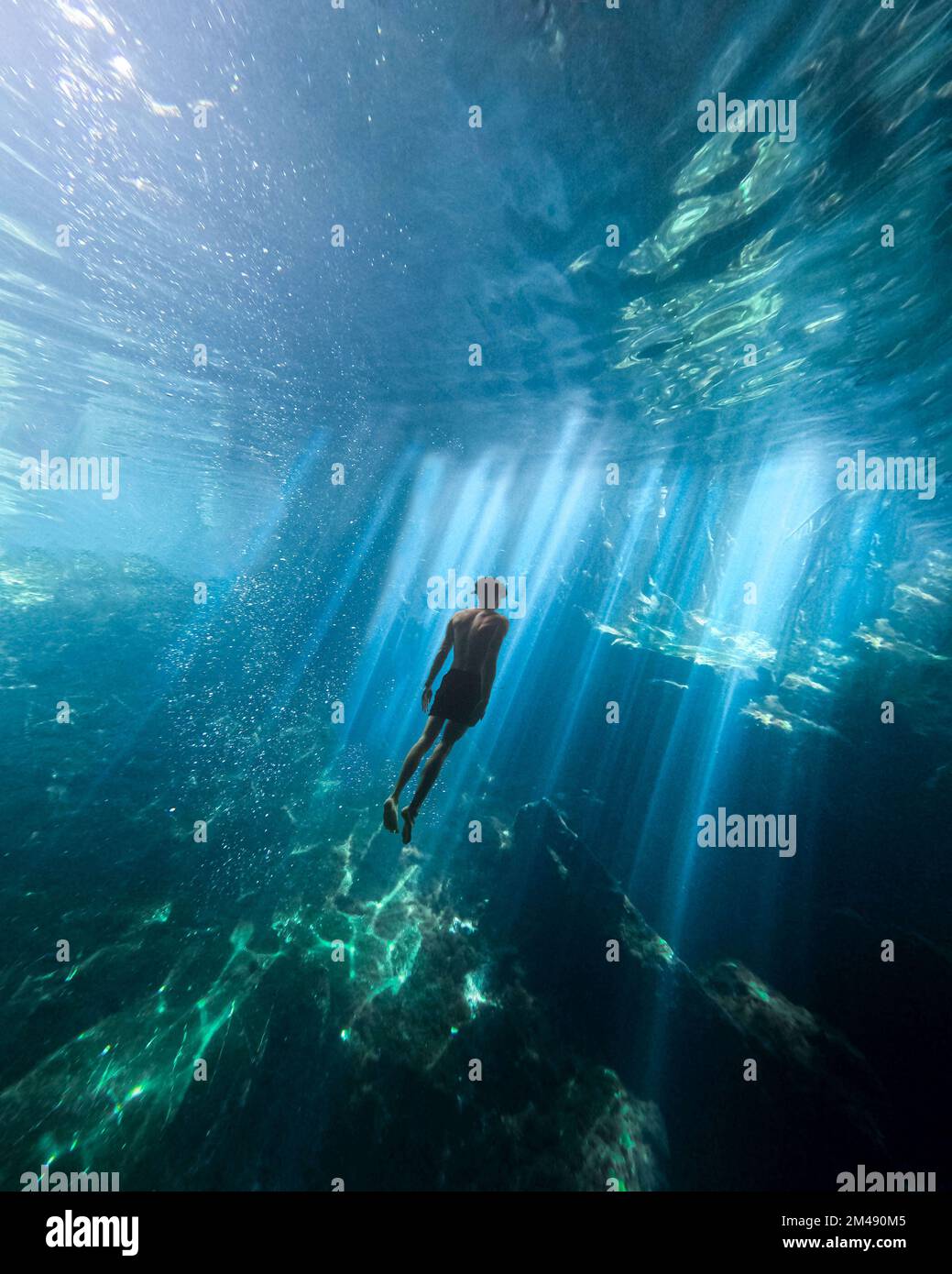 A vertical shot of a male swimming completely underwater Stock Photo ...