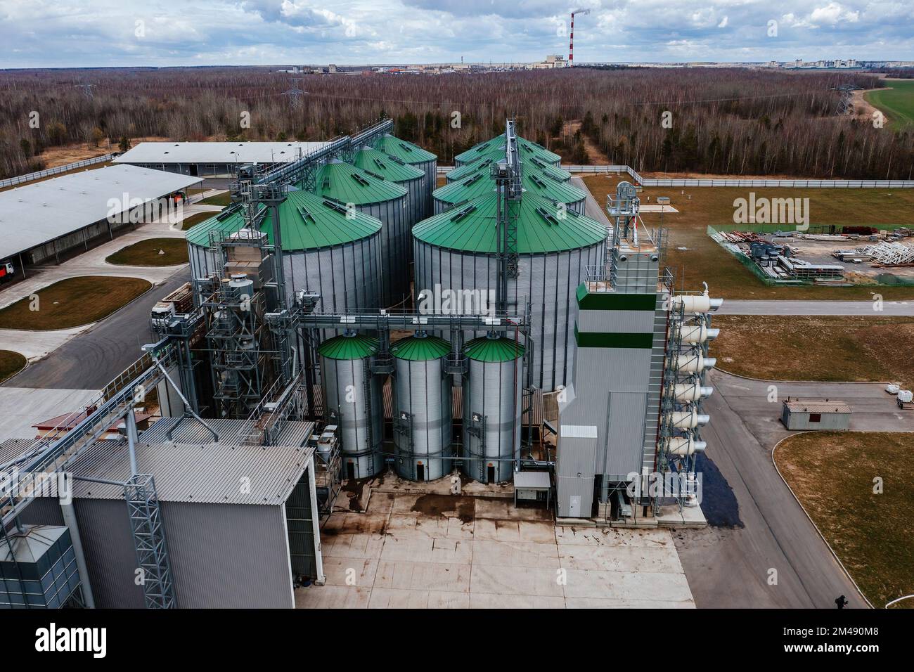 Automatic agricultural grain dryer and silos, aerial view. Modern ...
