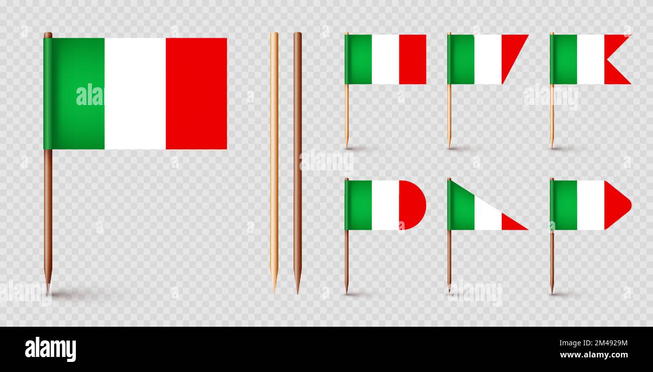 Realistic various Italian toothpick flags. Souvenir from Italy. Wooden ...